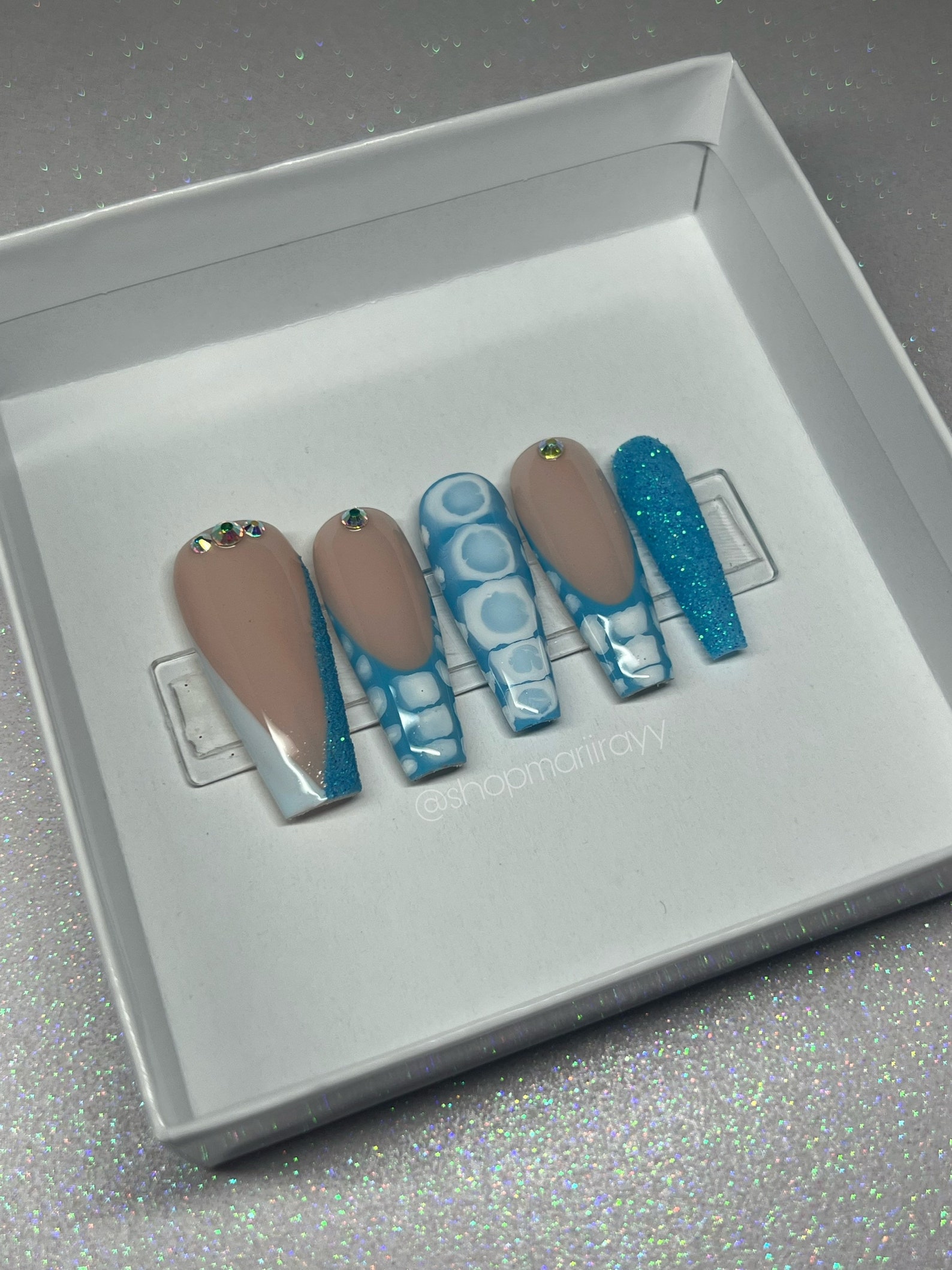 Blue Croc Long Coffin Luxury Press on Nails Glitter French - Etsy