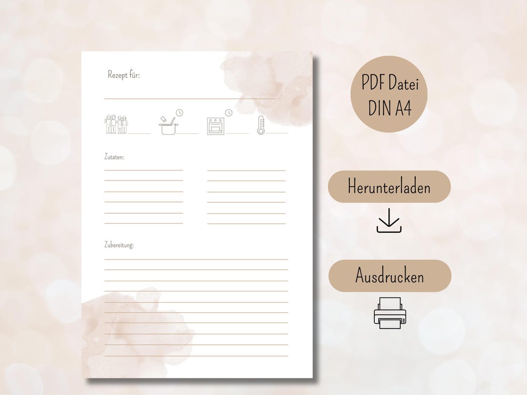 Recipe Template to Print PDF Digital Download DIN A4 Portrait Format ...