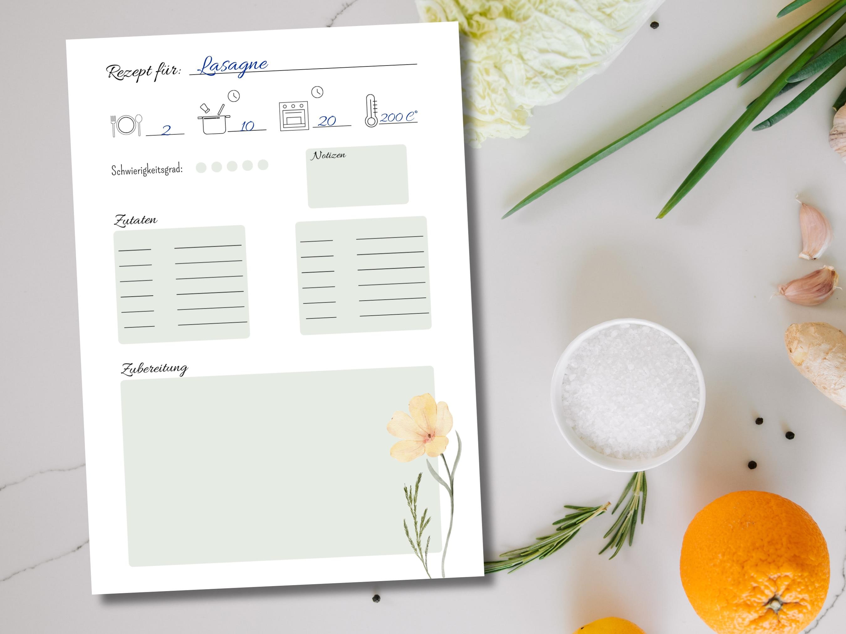 Rezeptvorlage zum Ausdrucken PDF digitale Rezeptkarte digitaler Download DIN A4 Hochformat ...