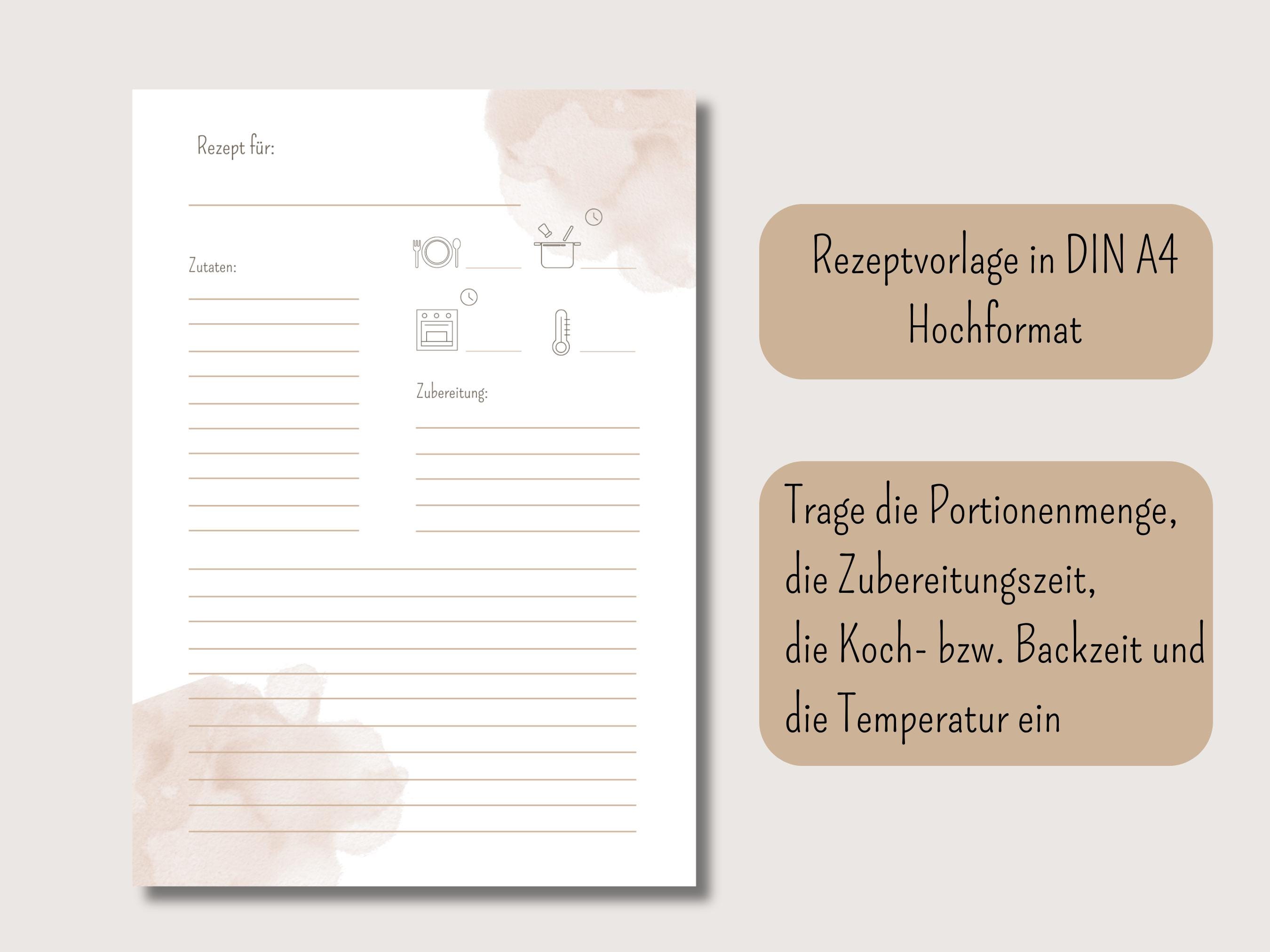 Rezeptvorlage zum Ausdrucken PDF digitaler Download DIN A4 Hochformat ...