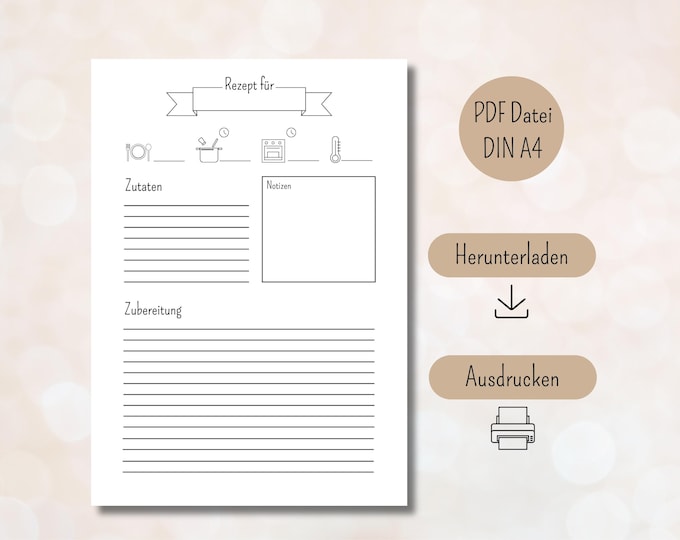 Rezeptvorlage zum Ausdrucken, Rezept DIN A4 zum Drucken, digitaler ...