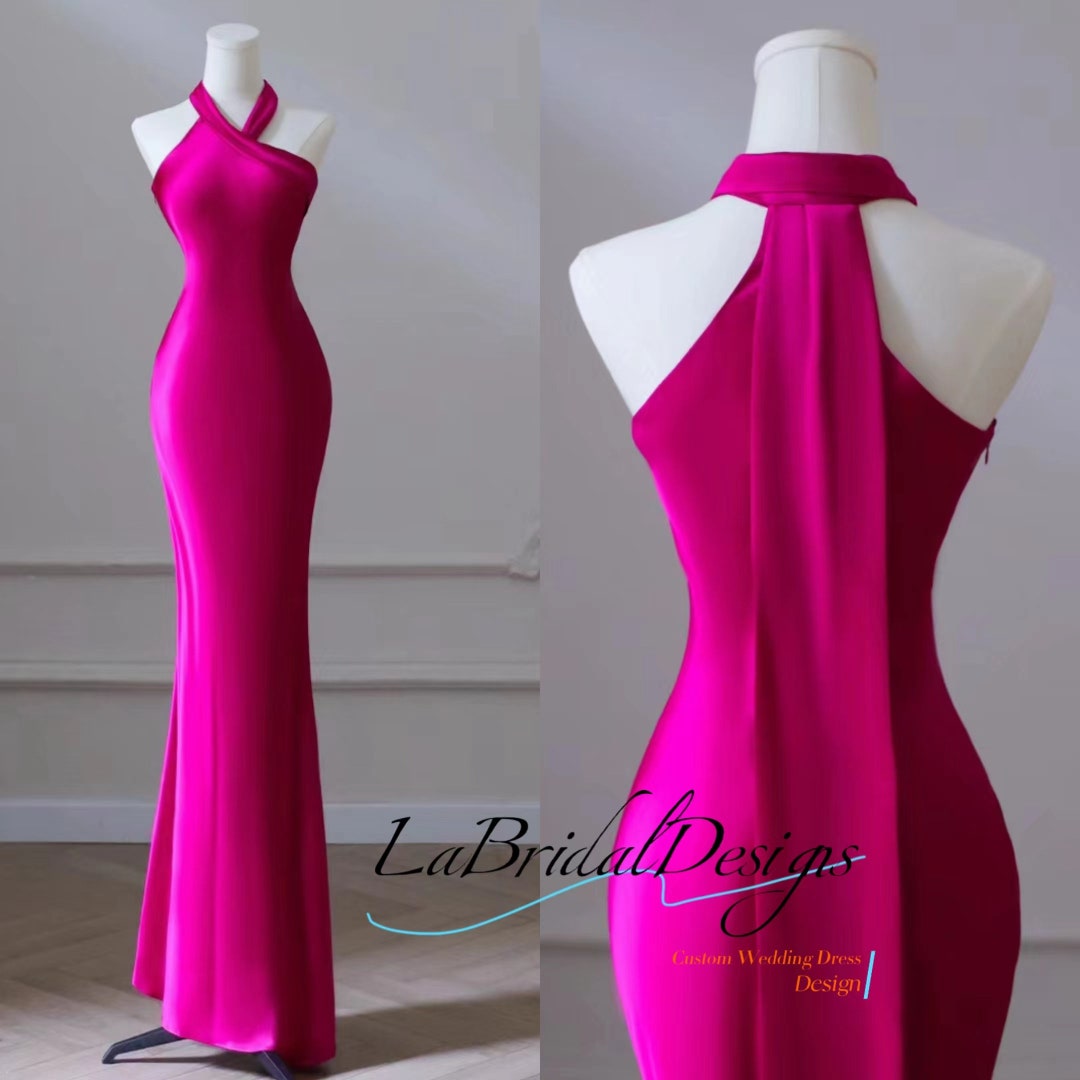 Sexy Rose Red High Neck Halter Prom Dress Neck Satin off Shoulder ...