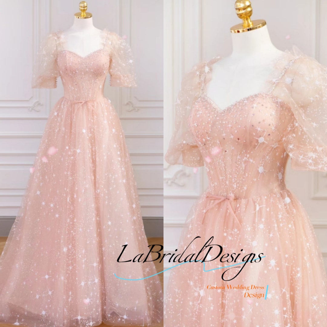 Pink Tulle Puffy Sleeves Long Princess Party Dresses Pink Etsy