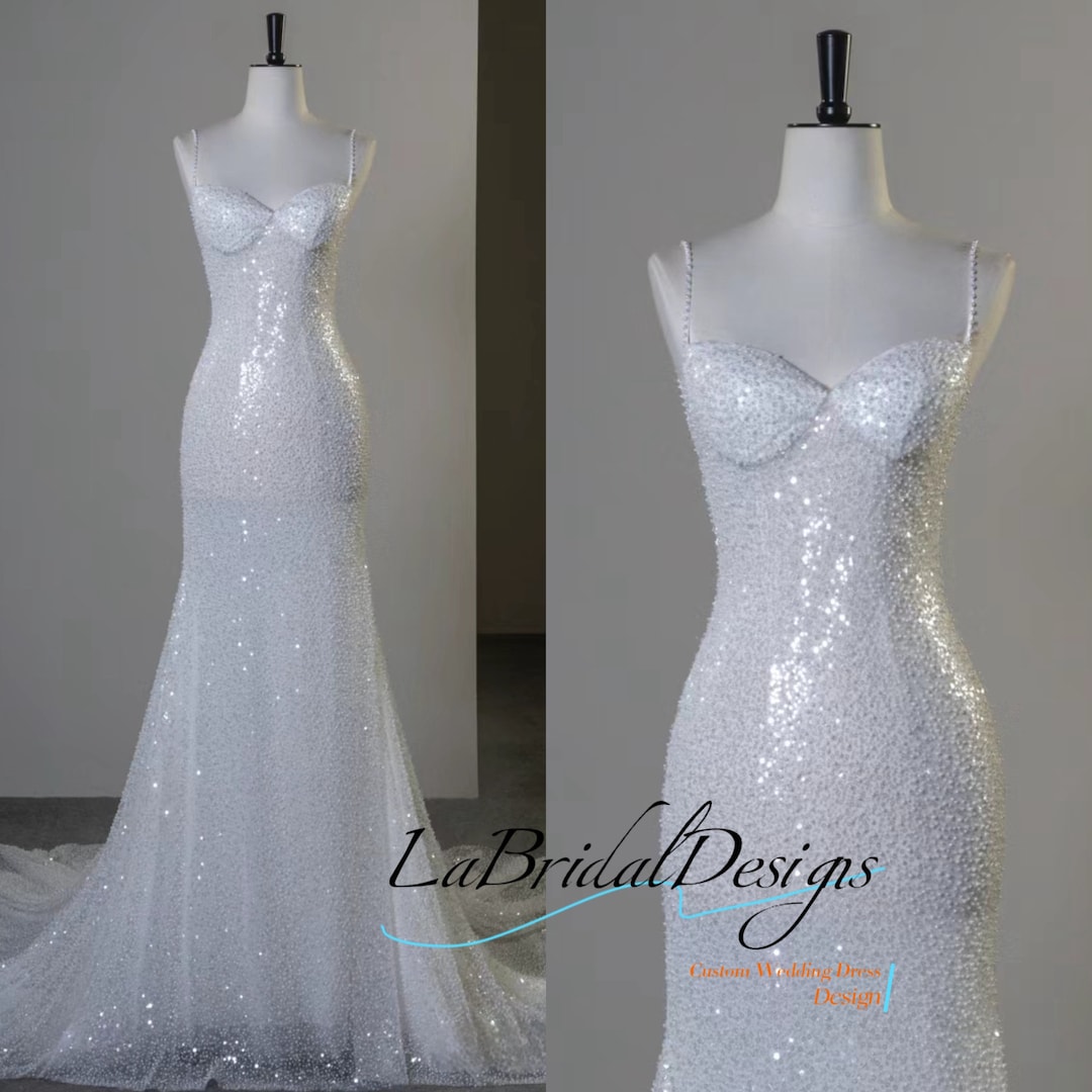 Sparkly Sequined Boho Mermaid Wedding Dress Spaghetti Straps Bridal ...