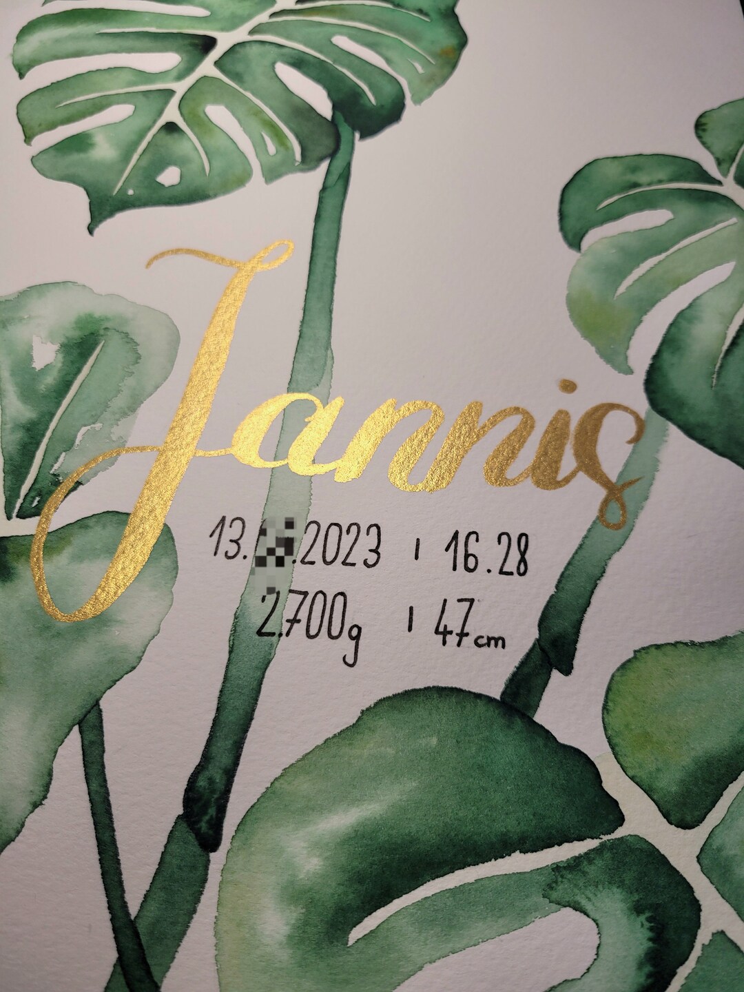 Birth Date Card Personalized Hand-painted With Floral Watercolor Motifs ...