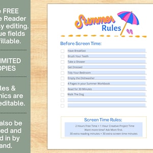 Fillable Summer Screen Time Rules Printable Kids Summer Checklist Daily ...