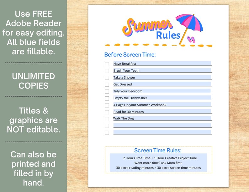 Fillable Summer Screen Time Rules Printable Kids Summer Checklist Daily ...