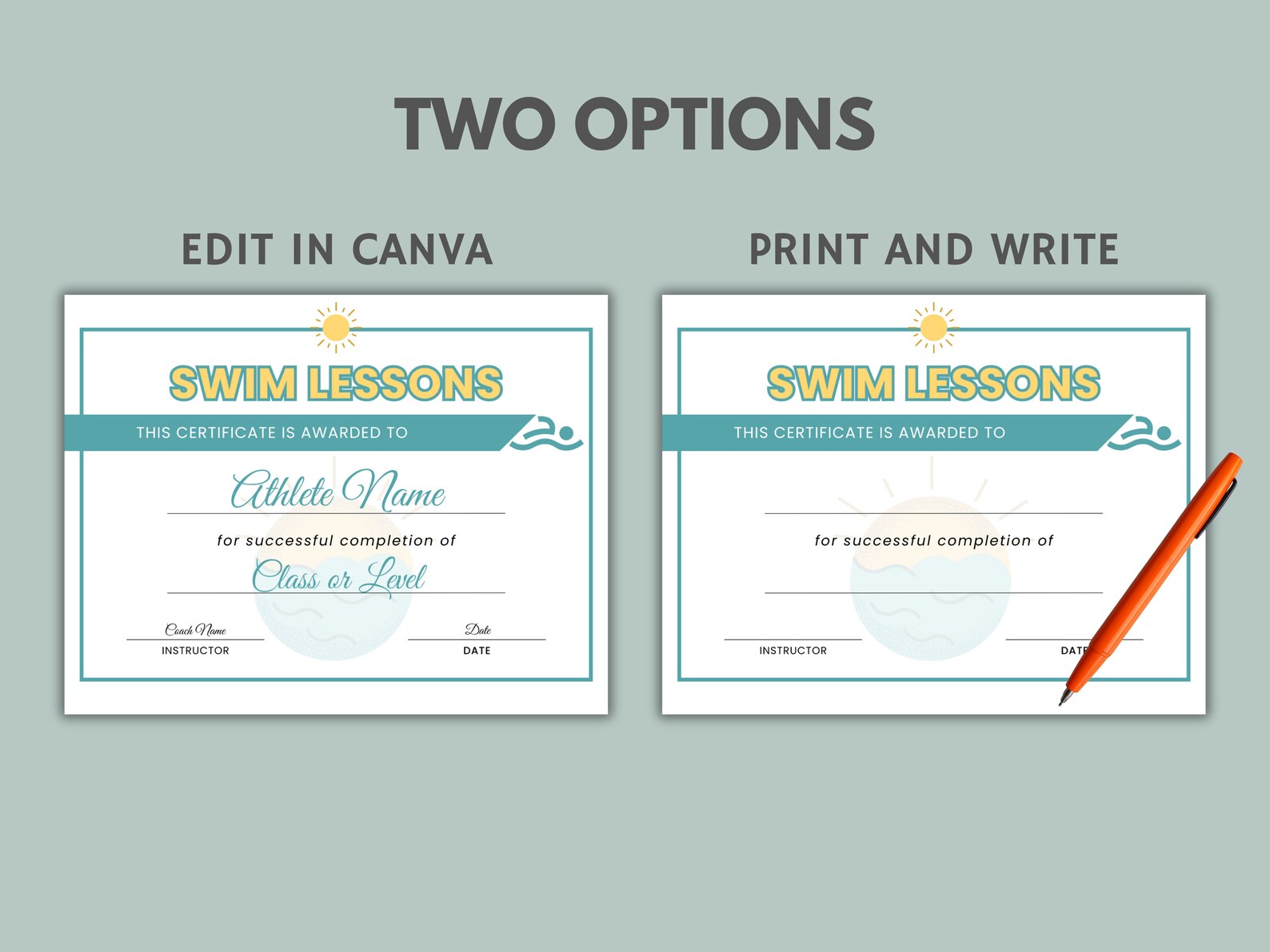 Editable Swim Lesson Certificate Template | Canva Template | Printable ...