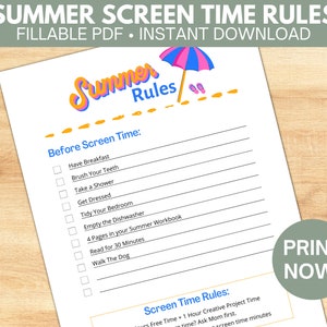 Fillable Summer Screen Time Rules Printable Kids Summer Checklist Daily ...