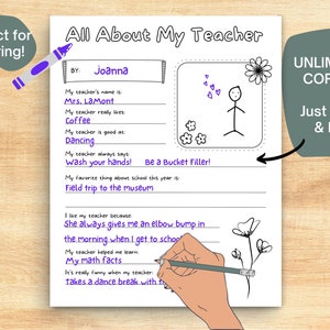 All About My Teacher Questionnaire Printable | Teacher Appreciation ...