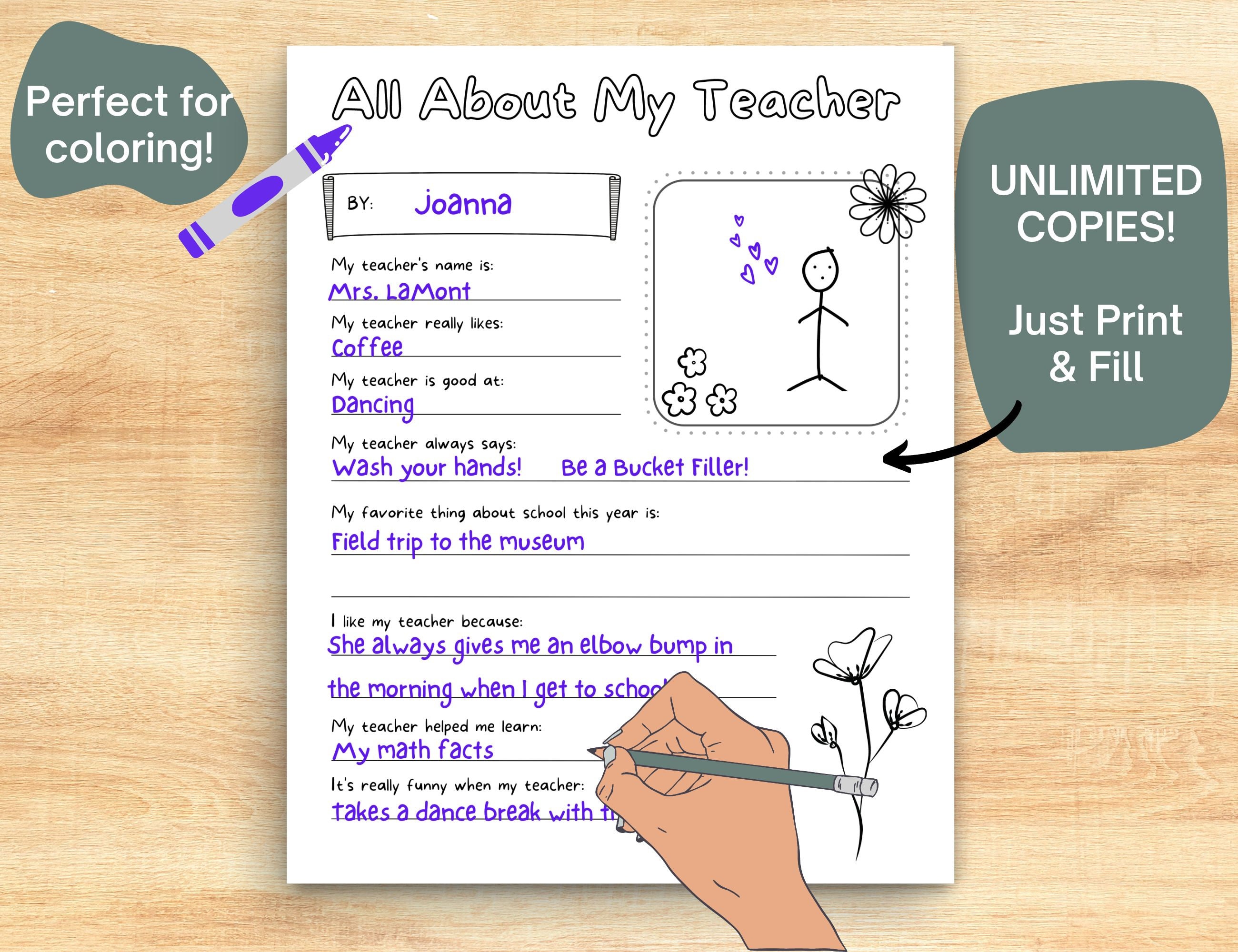 All About My Teacher Questionnaire Printable | Teacher Appreciation ...