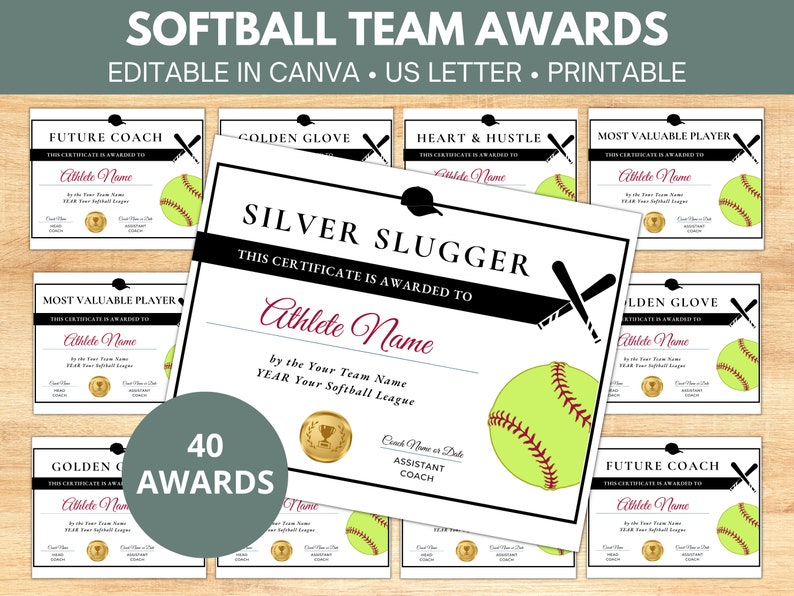 Editable Softball Award Certificate Template Canva Template Printable ...
