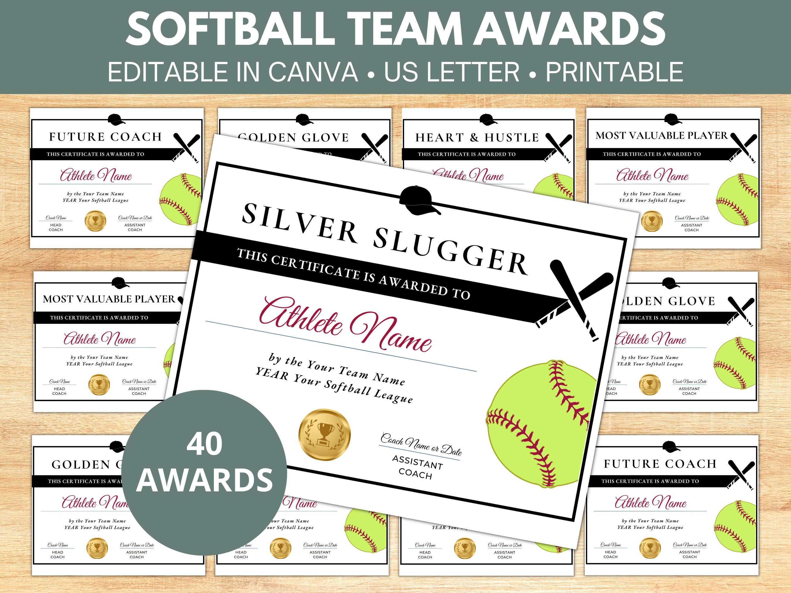 Editable Softball Award Certificate Template Canva Template Printable ...
