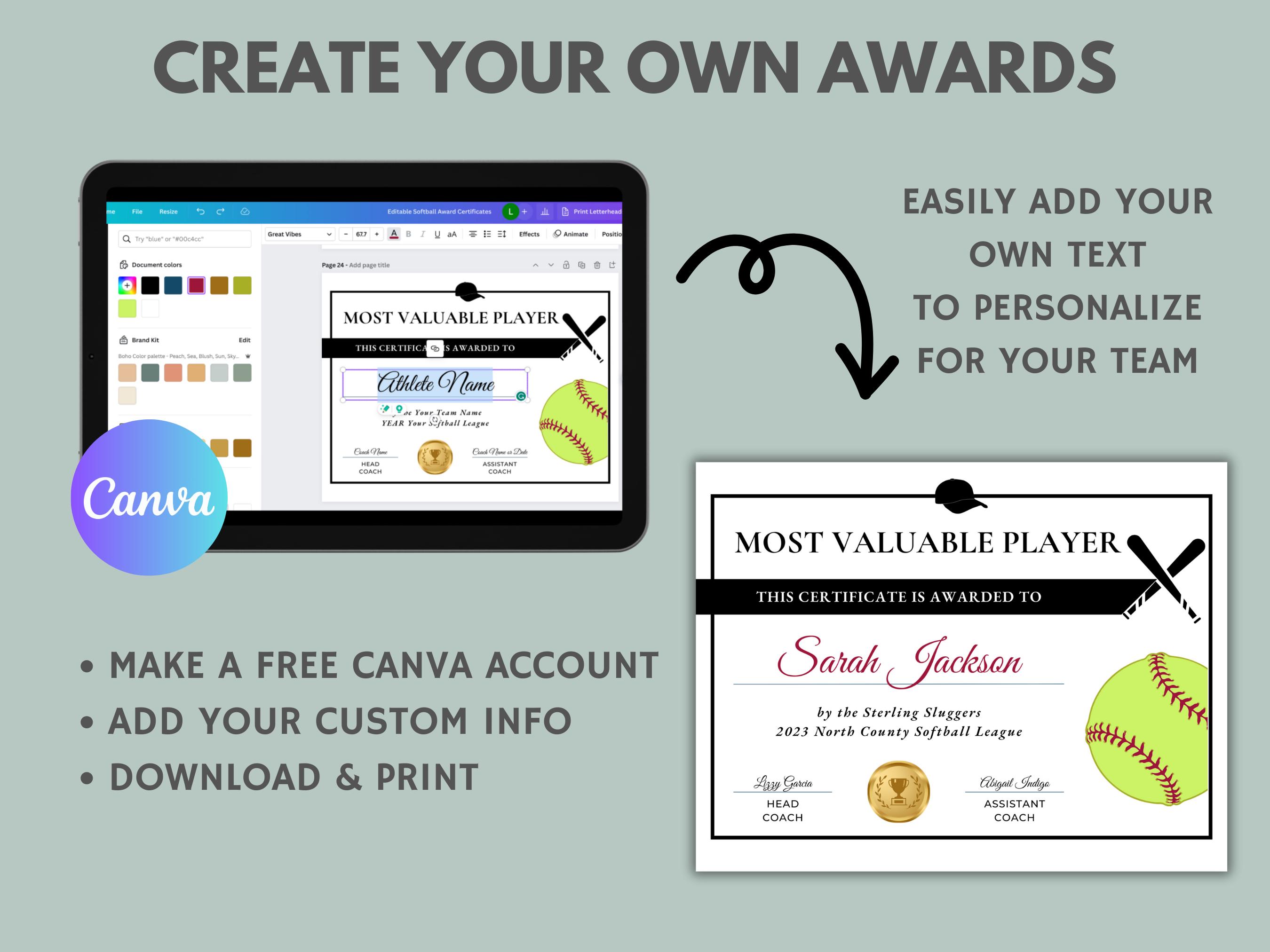 Editable Softball Award Certificate Template | Canva Template ...