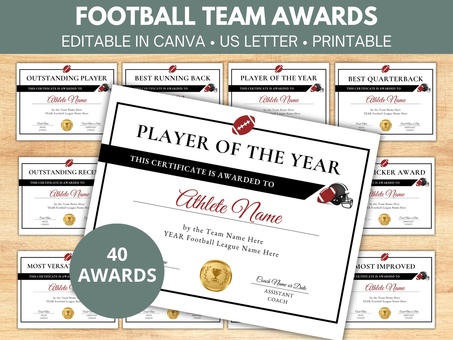 Editable Football Award Certificates | Canva Template | Printable End ...