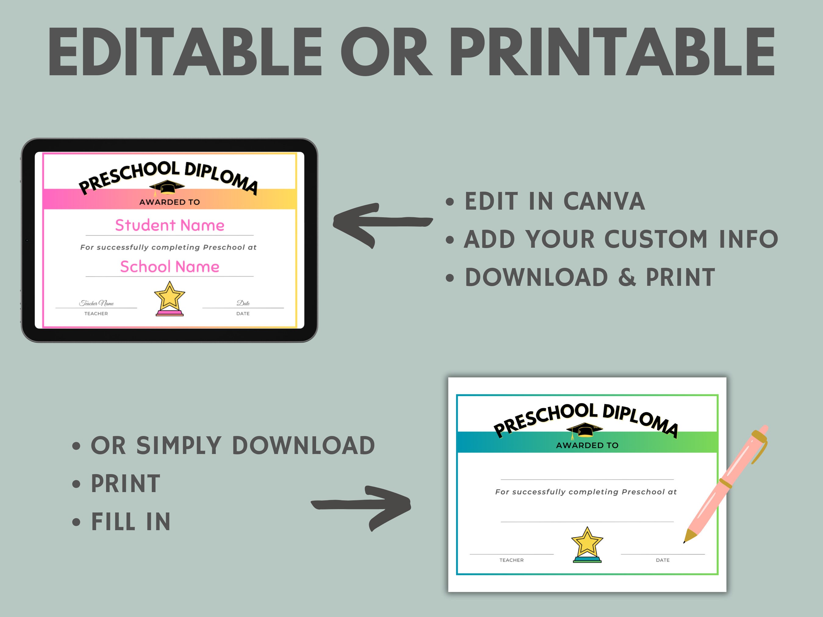 Editable Preschool Diploma Template Printable Diploma Canva Template ...