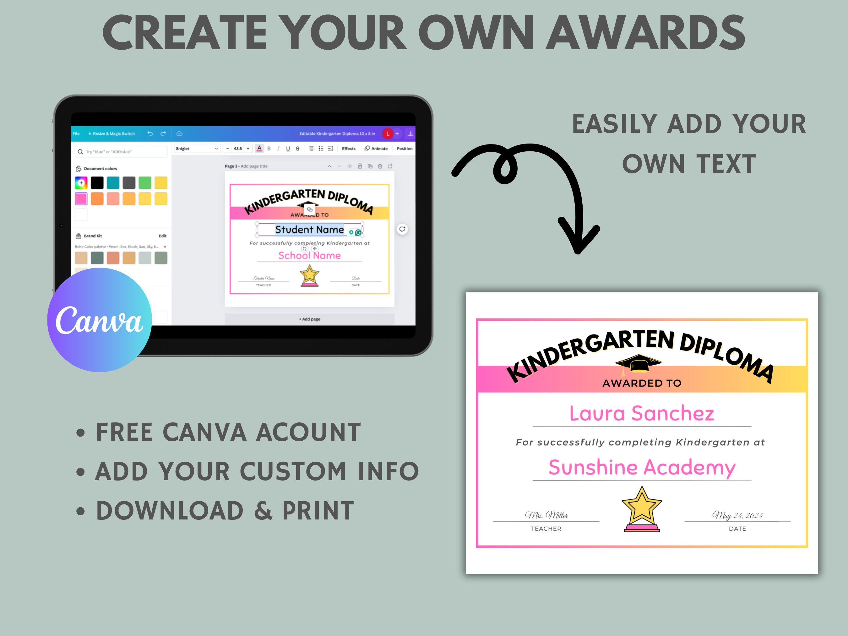 Editable Kindergarten Diploma Template | Printable Diploma | Canva ...