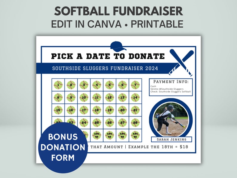 Editable Softball Calendar Fundraiser | Pick A Date Donation | Personalized Pick A Date to ...