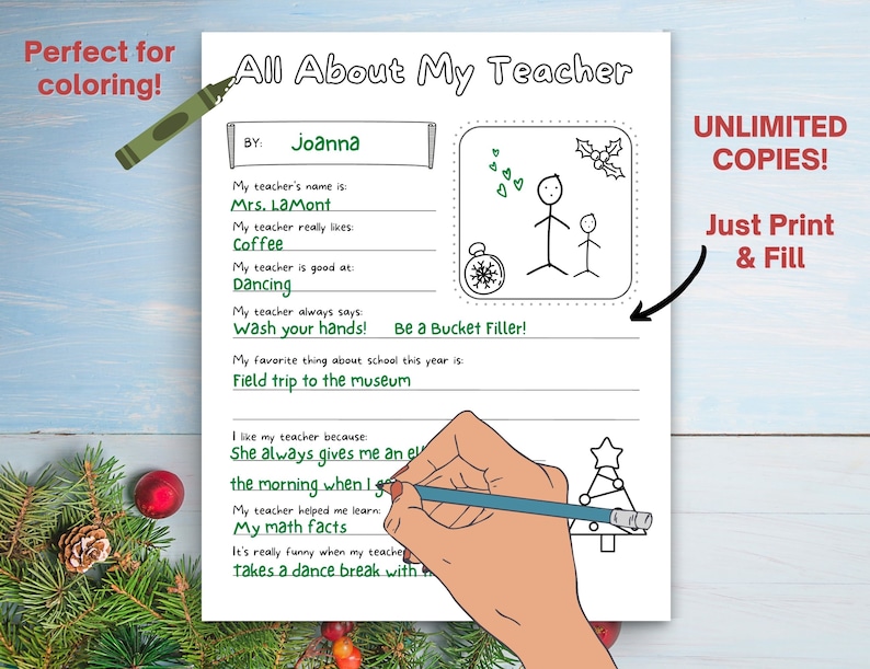All About My Teacher Christmas Questionnaire | Last Minute Christmas ...