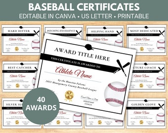Editable Baseball Award Certificate Bundle Team Party Canva Template ...