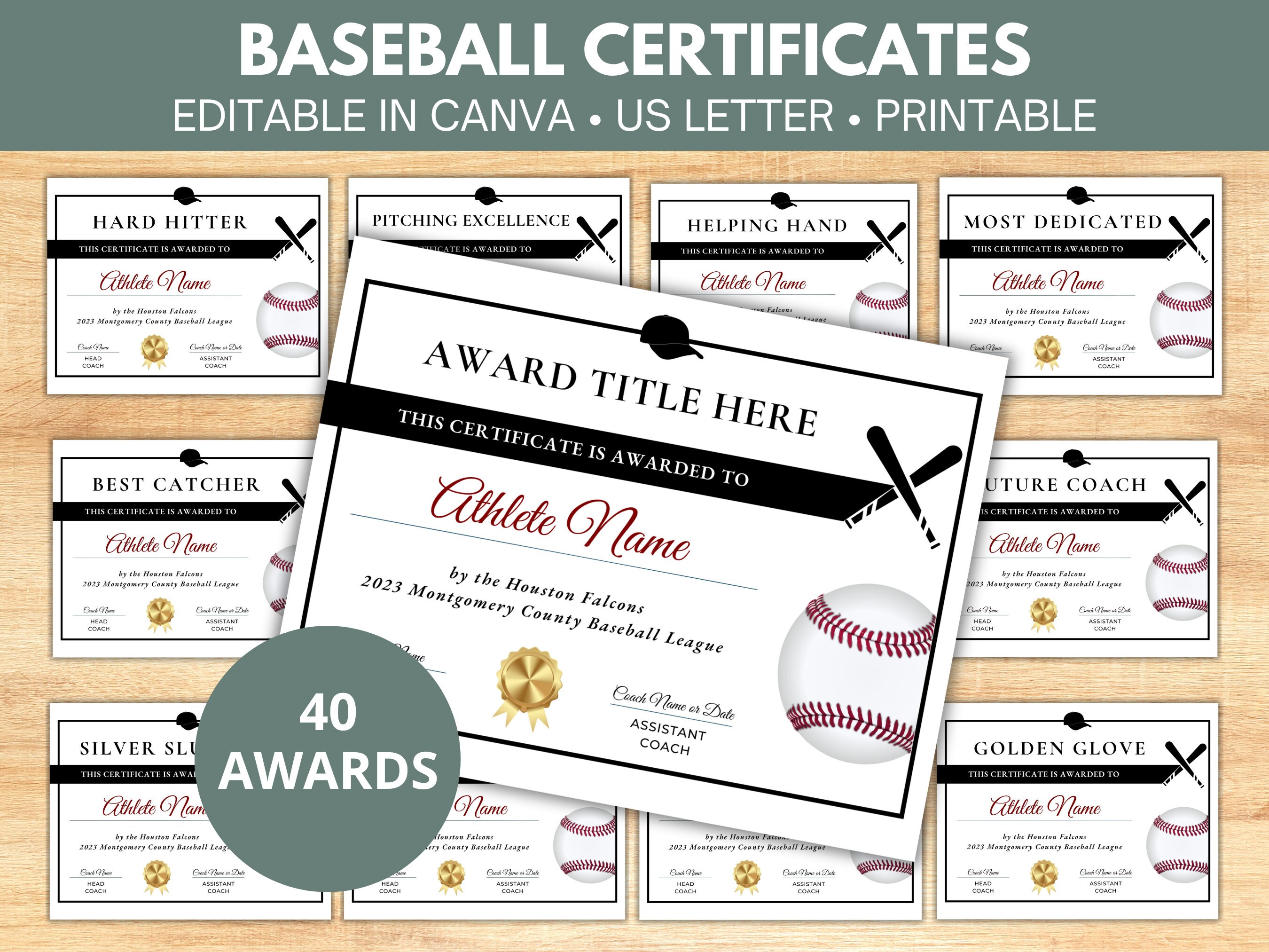 Editable Baseball Award Certificate Template Canva Template End of ...
