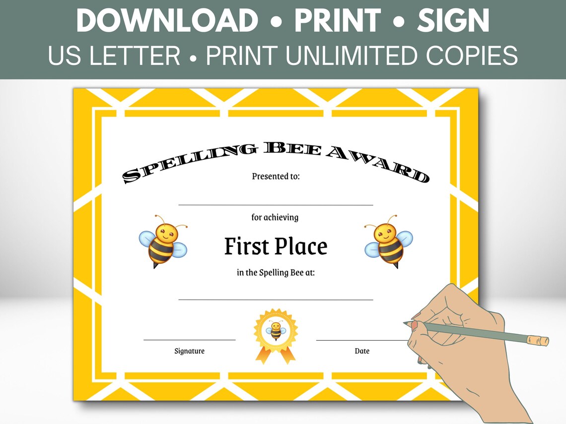 Spelling Bee Award Certificate | Printable | 4 Pages Including First ...