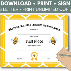Spelling Bee Award Certificate | Printable | 4 Pages Including First ...