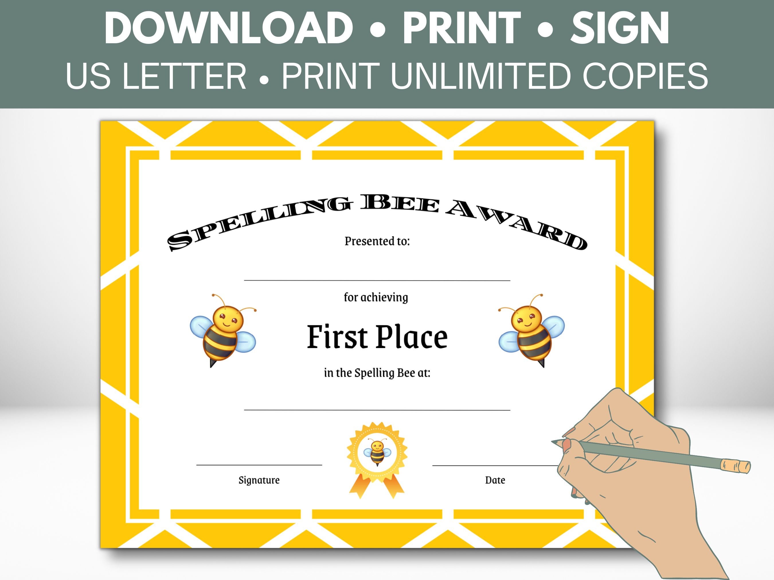 Spelling Bee Award Certificate | Printable | 4 Pages Including First ...