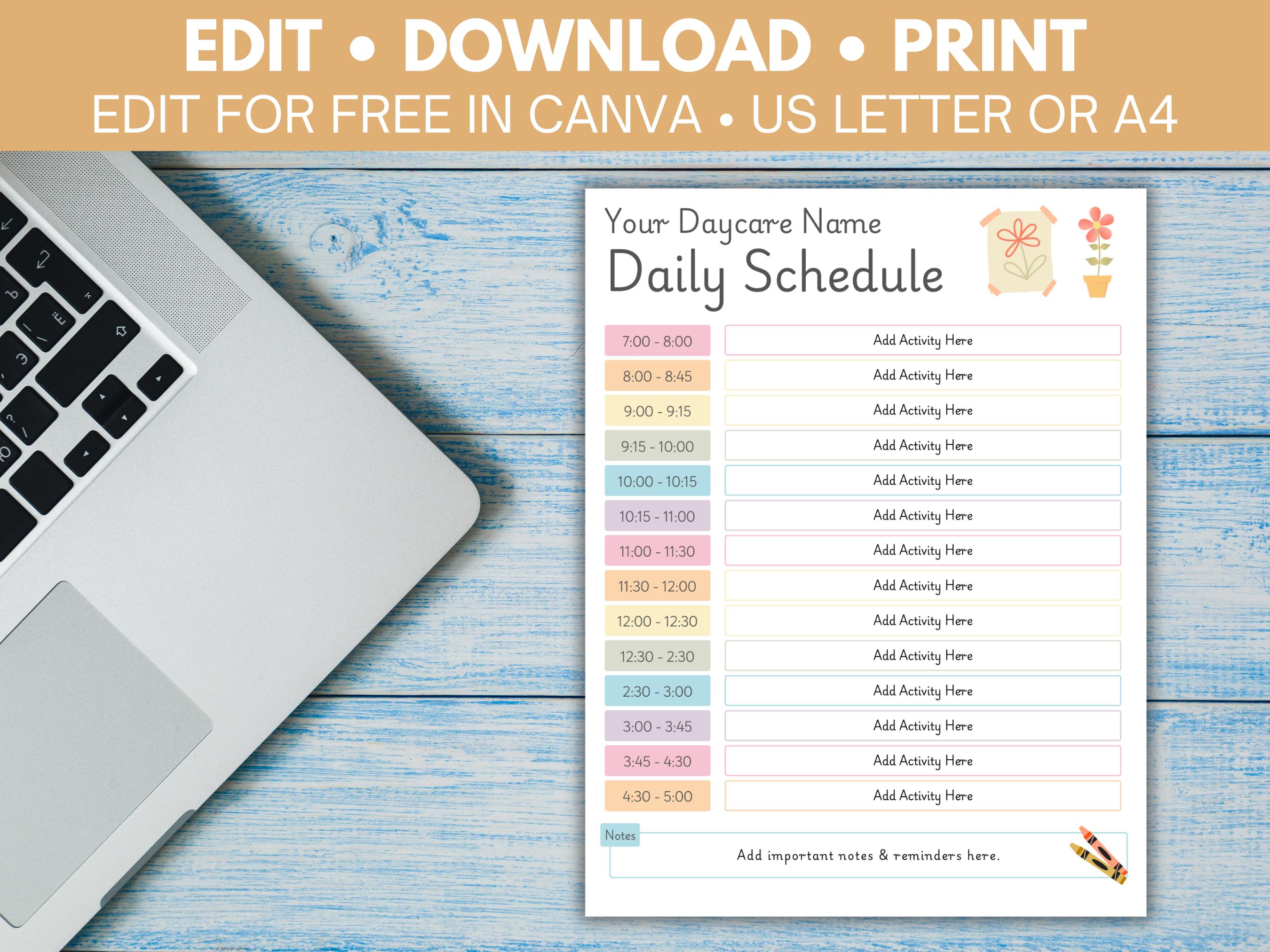 Daycare Daily Schedule | Editable + Printable | Canva Template | for ...
