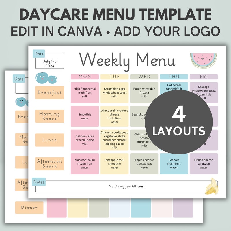 4 Day Menu Template - Etsy