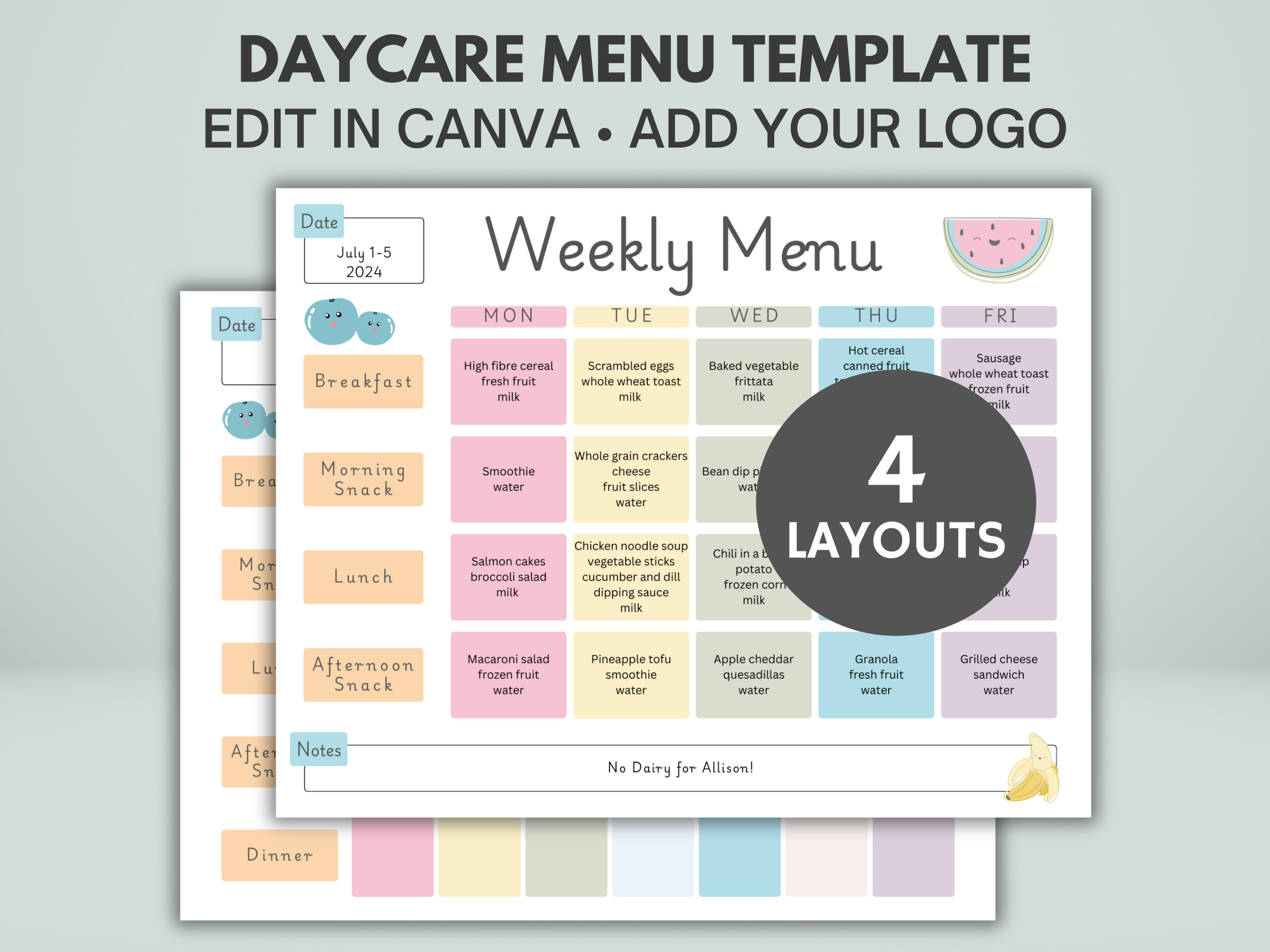 Daycare Weekly Menu Template | Editable + Printable | Canva | for ...