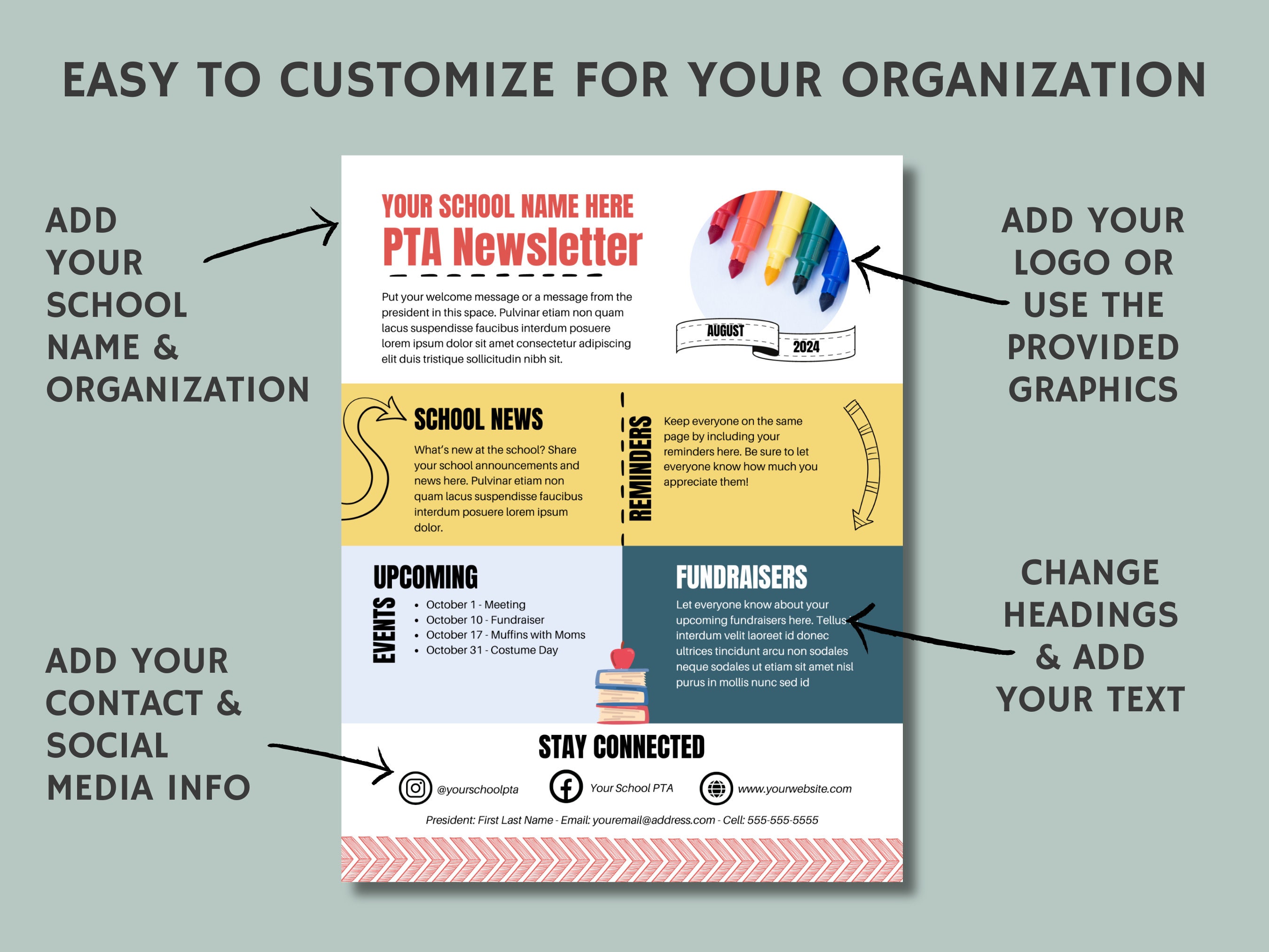 PTA PTO Newsletter Editable Template Bundle | 12 Monthly Themed Canva ...