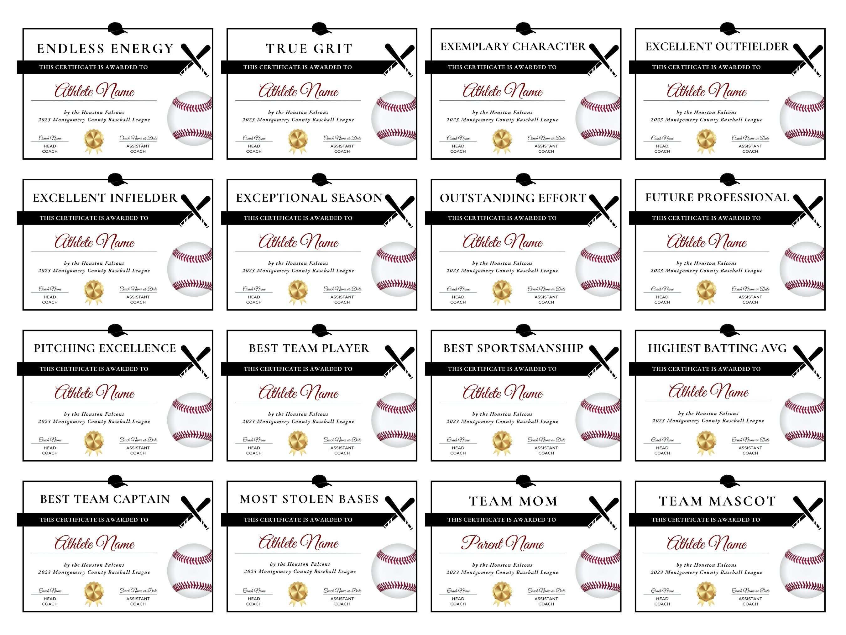 Editable Baseball Award Certificate Template | Canva Template | End of ...