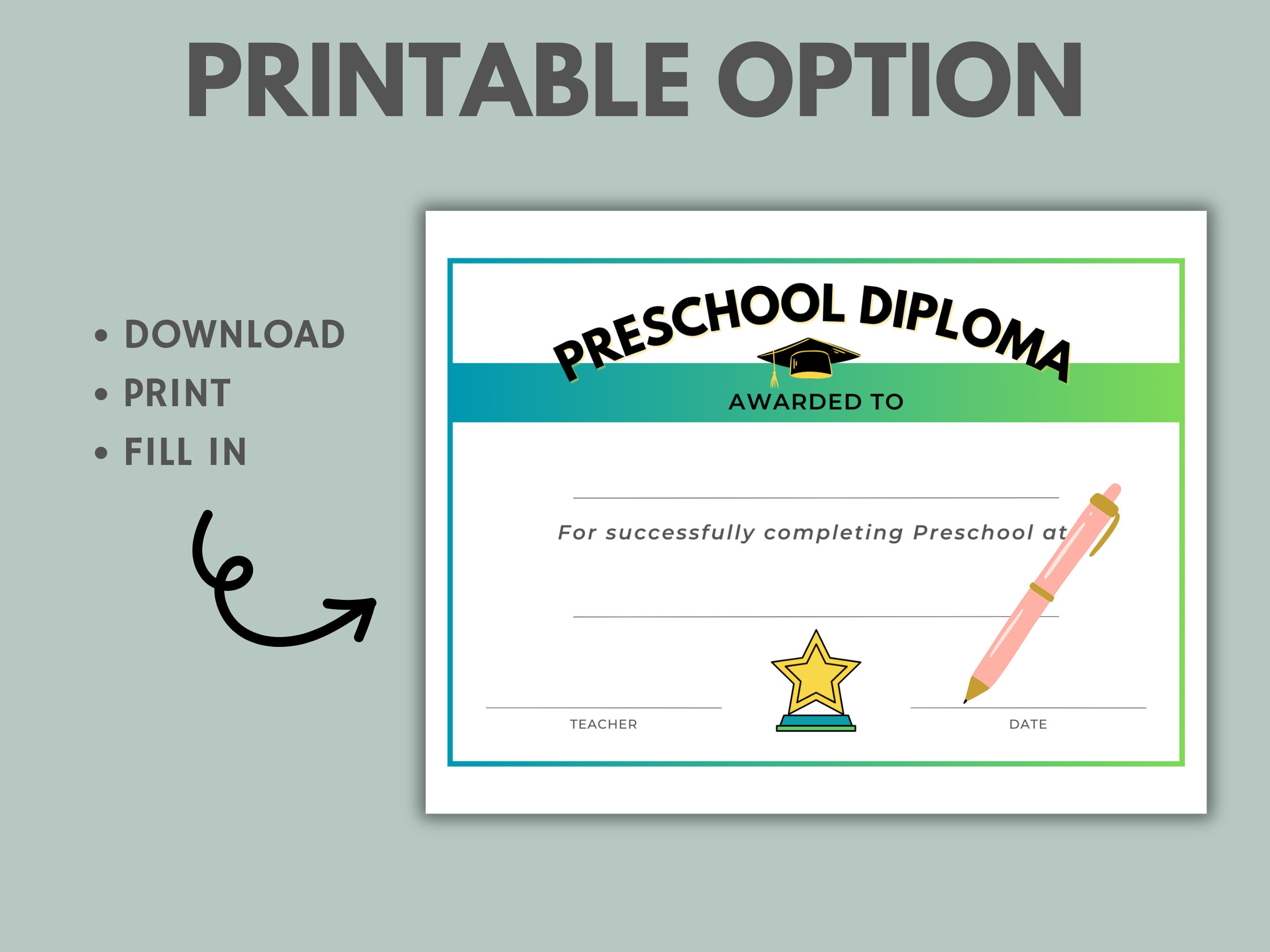 Editable Preschool Diploma Template Printable Diploma Canva Template ...