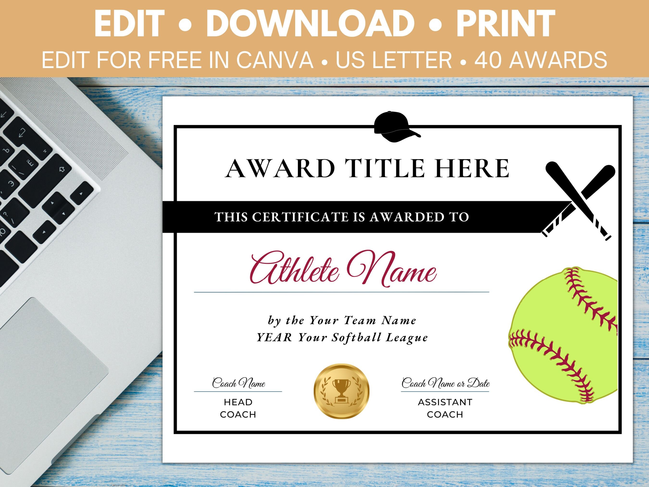 Editable Softball Award Certificate Template Canva Template Printable ...