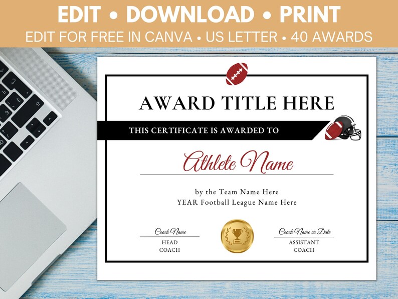 Editable Football Award Certificates Canva Template - Etsy