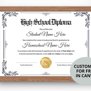 Editable Homeschool Diploma Template | Homeschool Diploma | High School ...