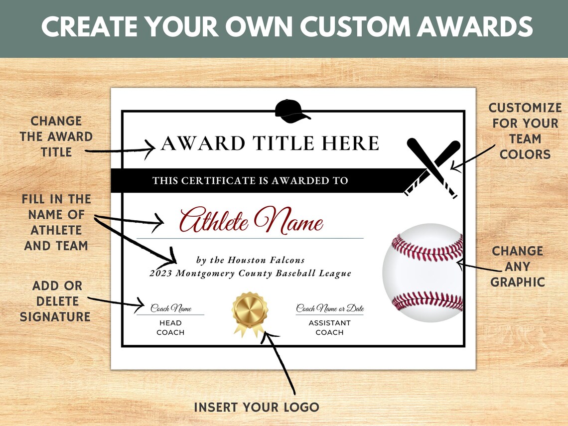 Editable Baseball Award Certificate Template | Canva Template | End of ...