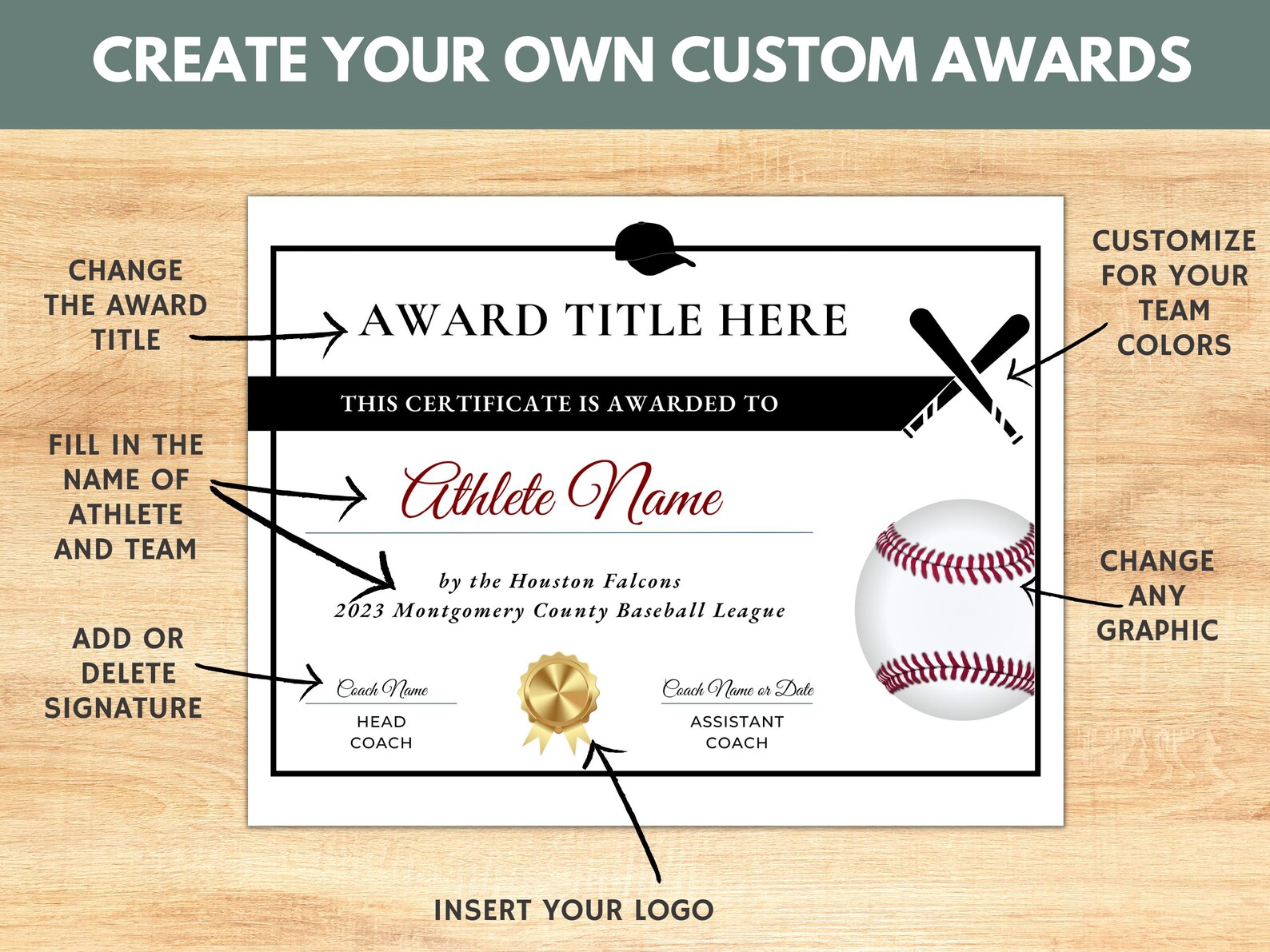 Editable Baseball Award Certificate Template | Canva Template | End of ...