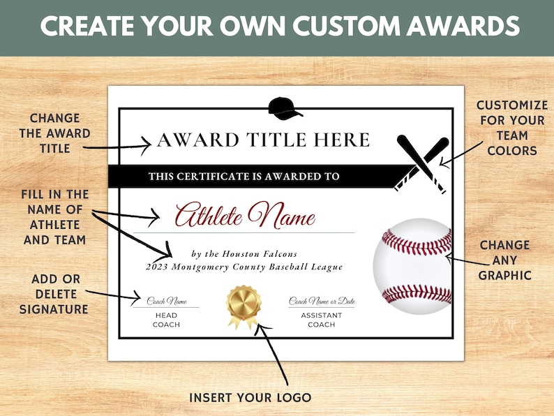 Editable Baseball Award Certificate Template | Canva Template | End of ...