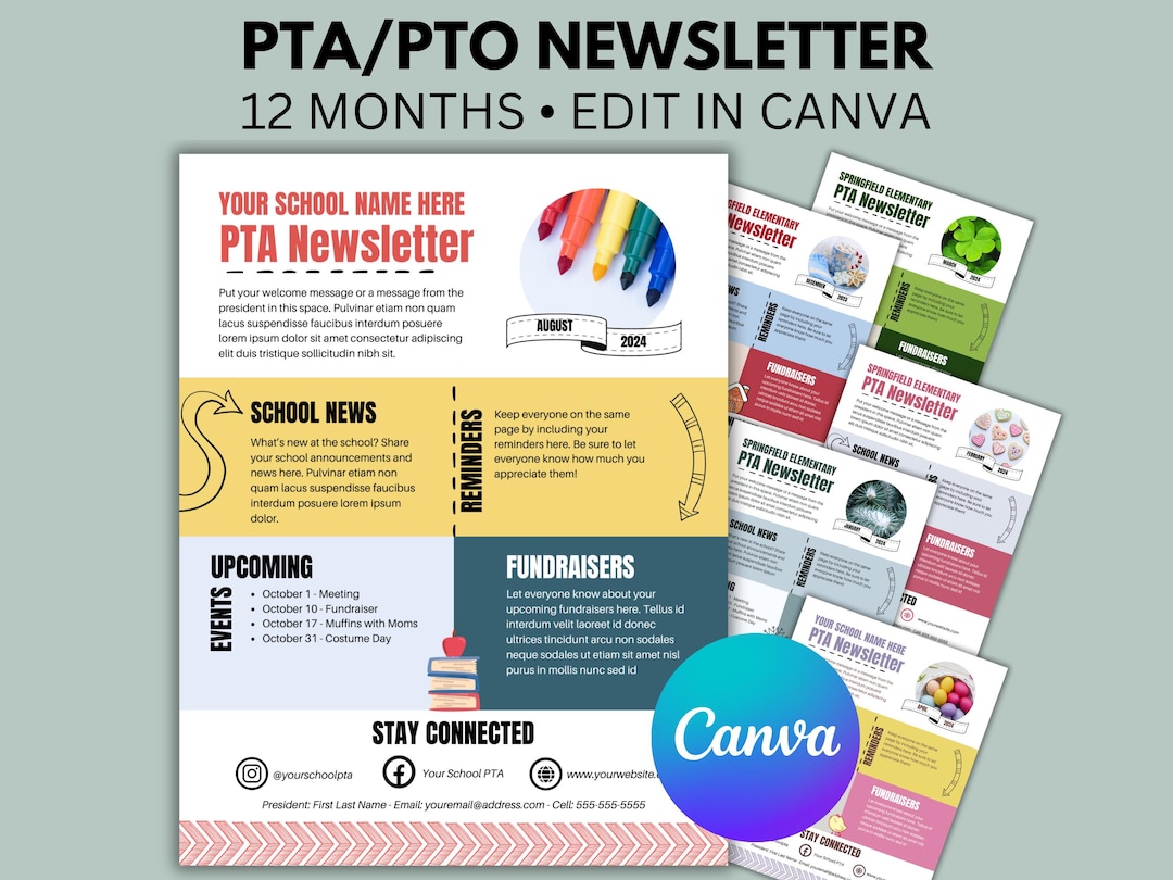 PTA PTO Newsletter Editable Template Bundle | 12 Monthly Themed Canva ...