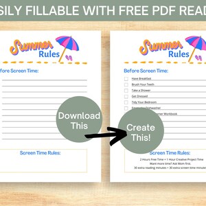 Fillable Summer Screen Time Rules Printable Kids Summer Checklist Daily ...