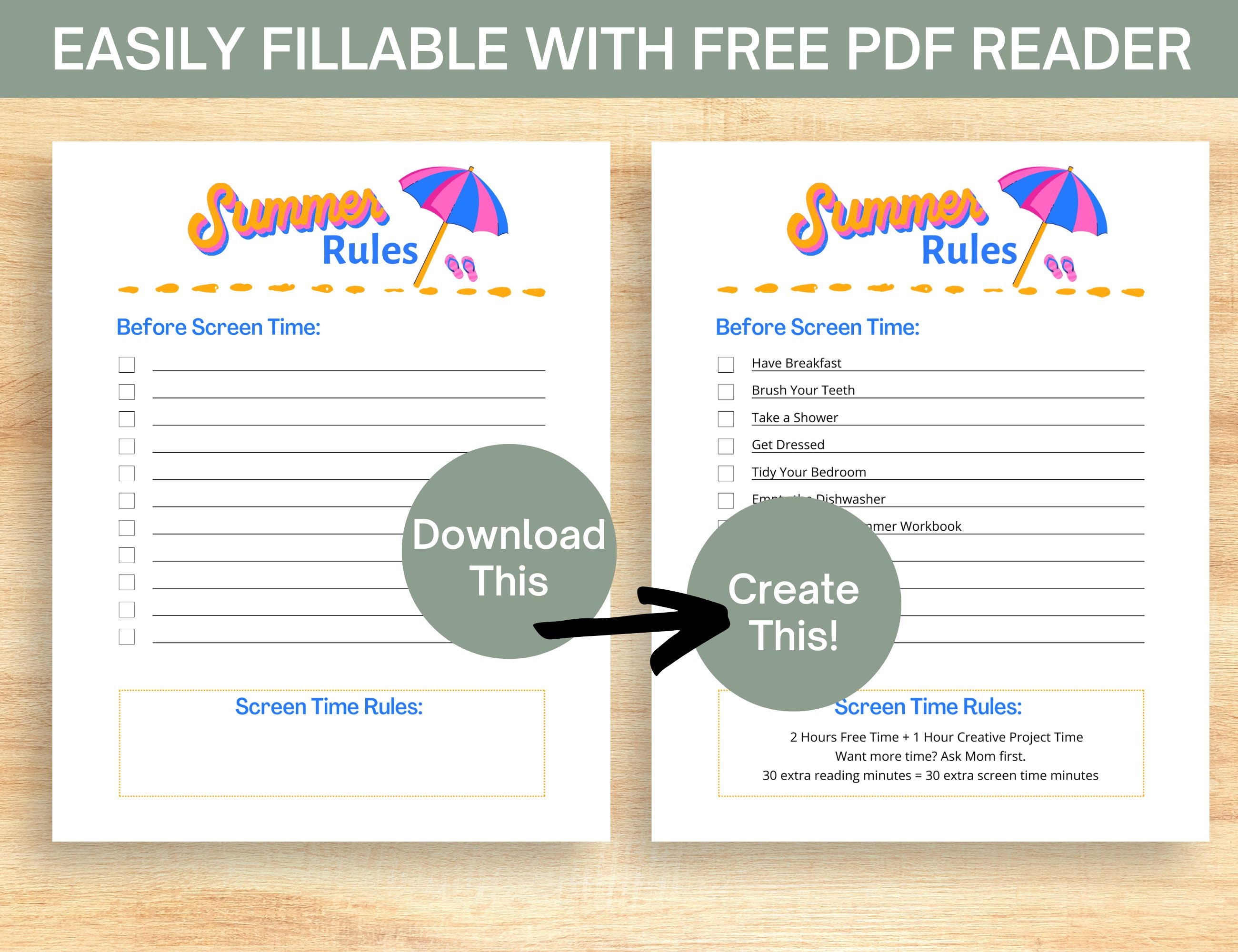 Fillable Summer Screen Time Rules Printable Kids Summer Checklist Daily ...