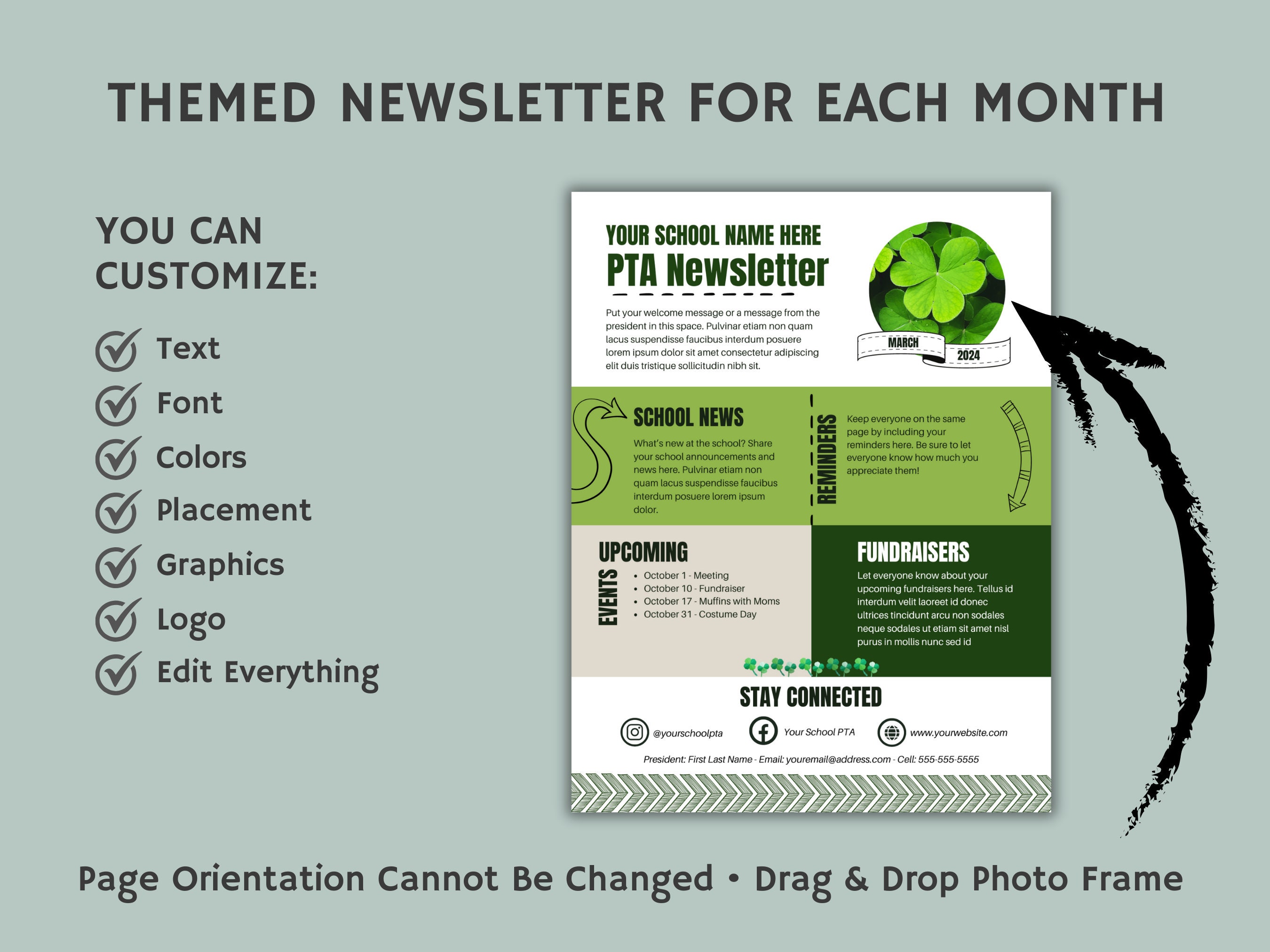PTA PTO Newsletter Editable Template Bundle 12 Monthly Themed Canva ...