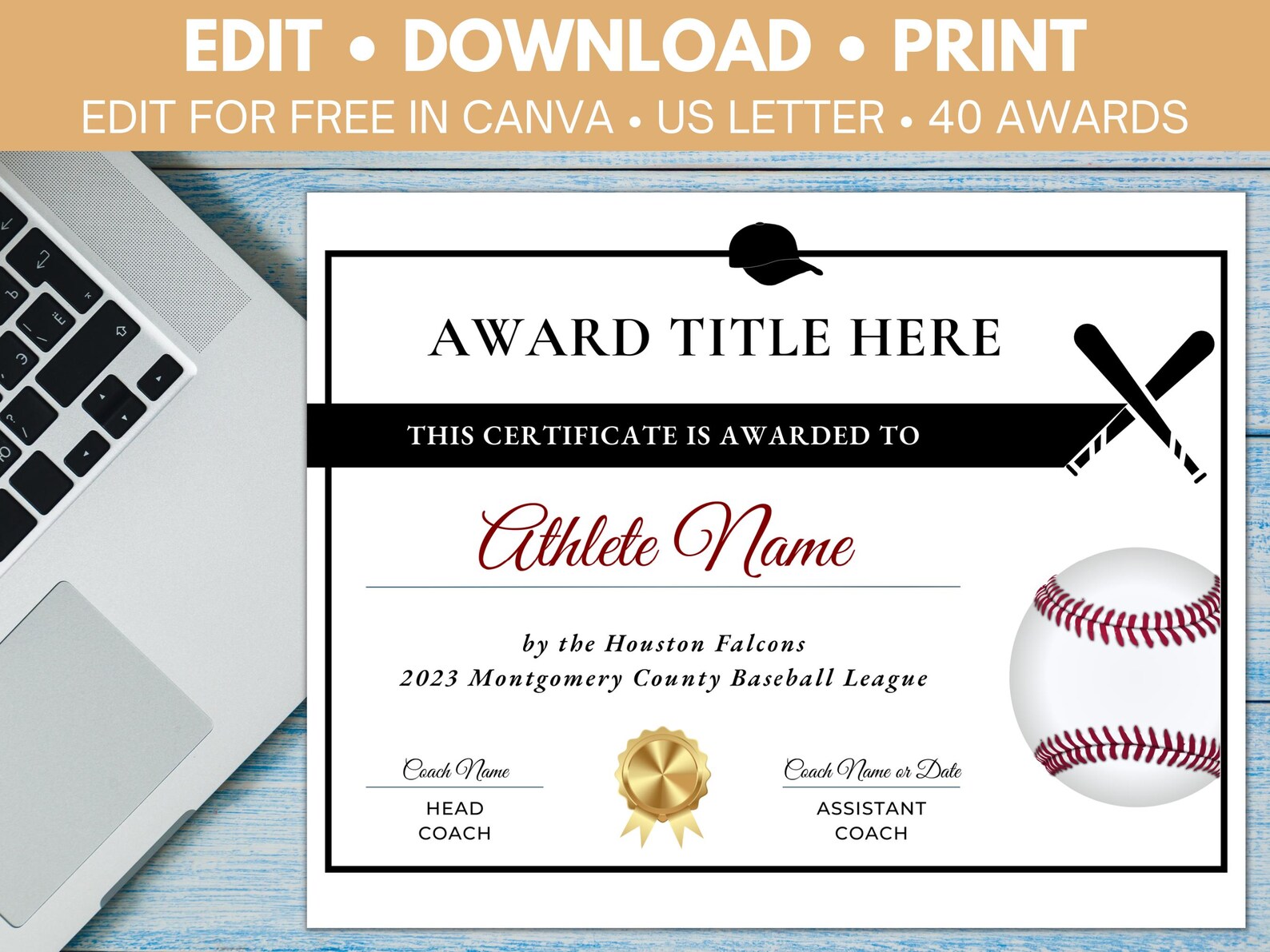 Editable Baseball Award Certificate Template | Canva Template | End of ...