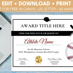 Editable Baseball Award Certificate Template | Canva Template | End of ...
