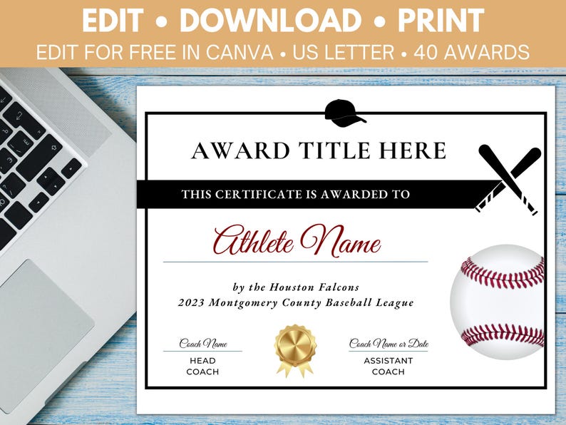 Editable Baseball Award Certificate Template | Canva Template | End of ...