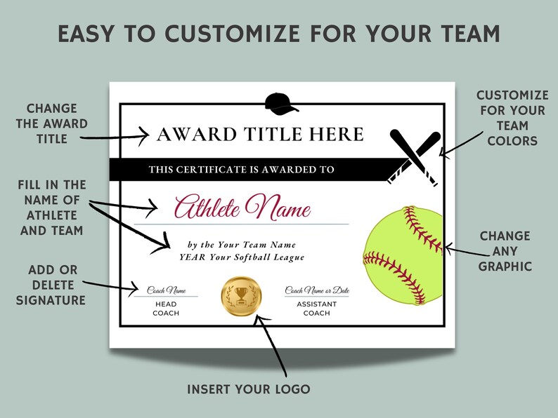 Editable Softball Award Certificate Template | Canva Template ...