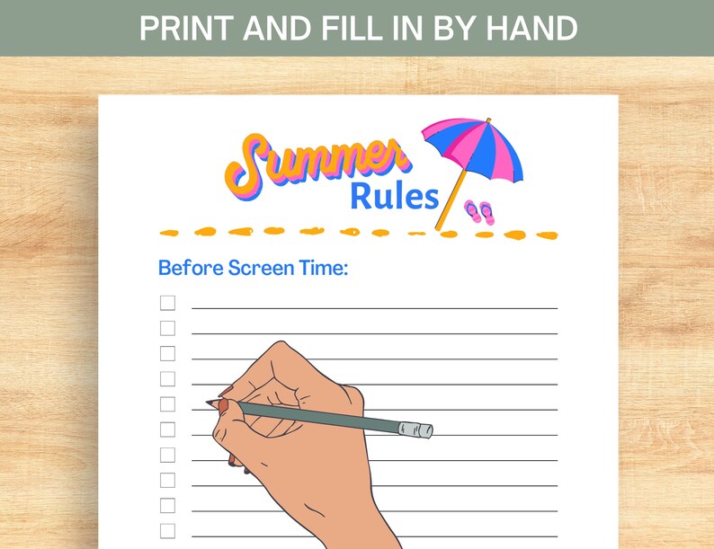 Fillable Summer Screen Time Rules Printable Kids Summer Checklist Daily ...