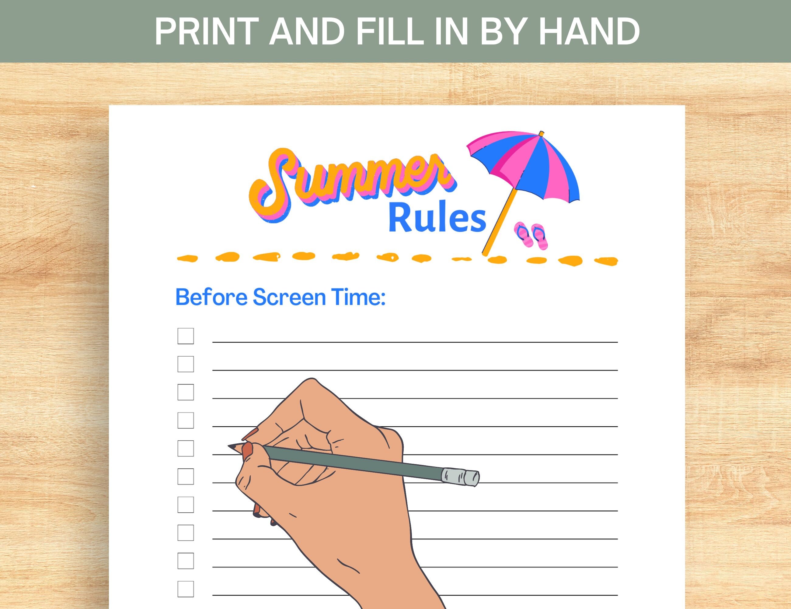 Fillable Summer Screen Time Rules Printable Kids Summer Checklist Daily ...